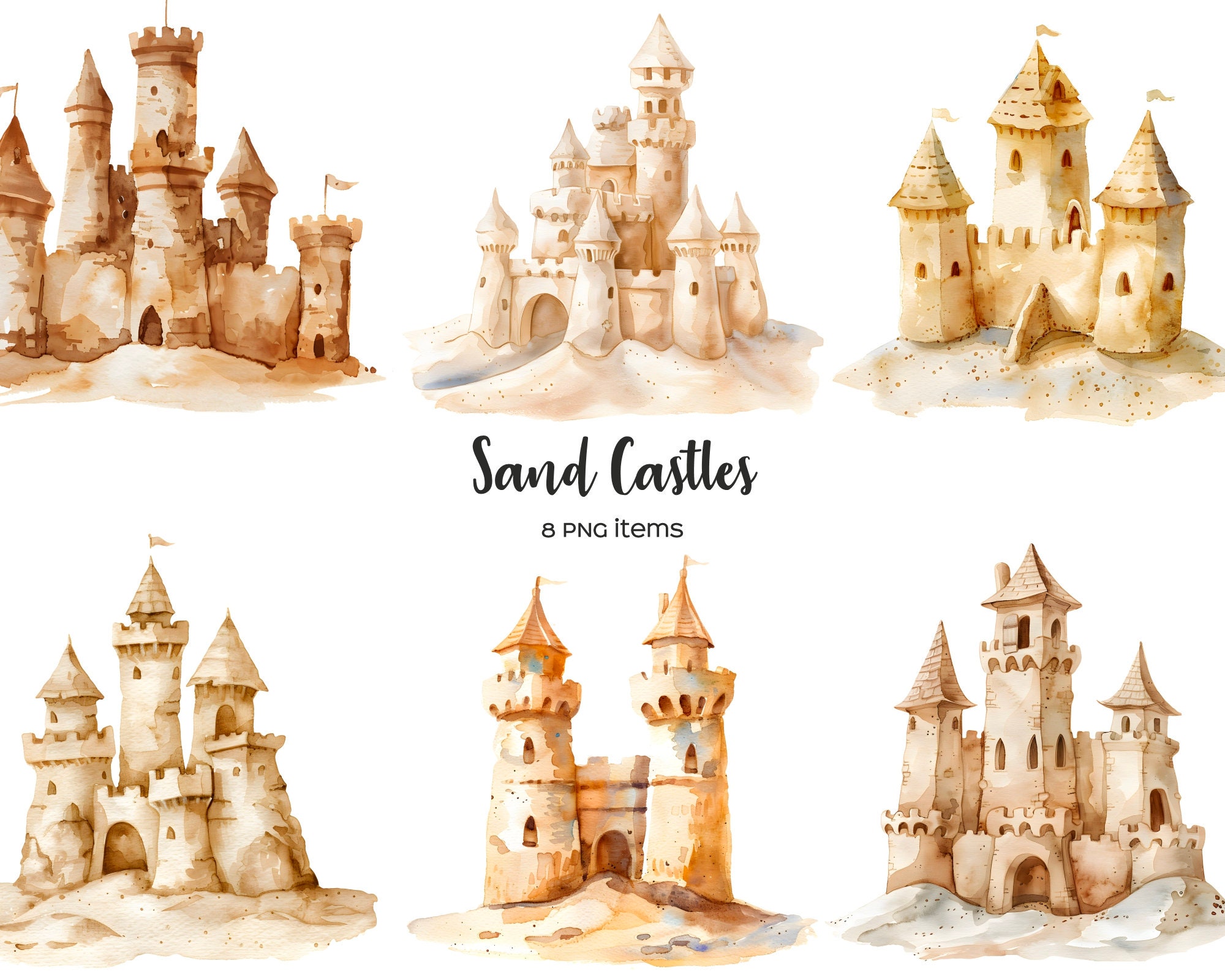 Watercolor Sand Castle Clipart. Tender Summer Beige Sandcastle 8 PNG ...