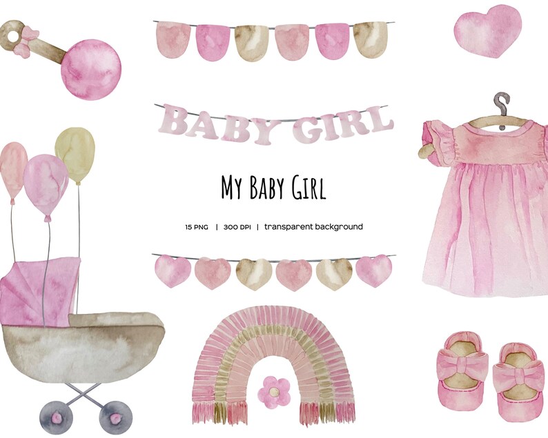 Watercolor Baby Girl Clipart. Pink Girl Elements Clip Art. Baby Girl ...