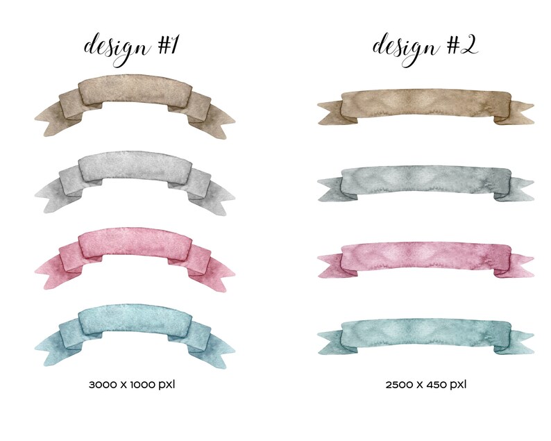 Watercolor Ribbons and Bunting Clipart. Pastel Watercolor Banners. Pink ...