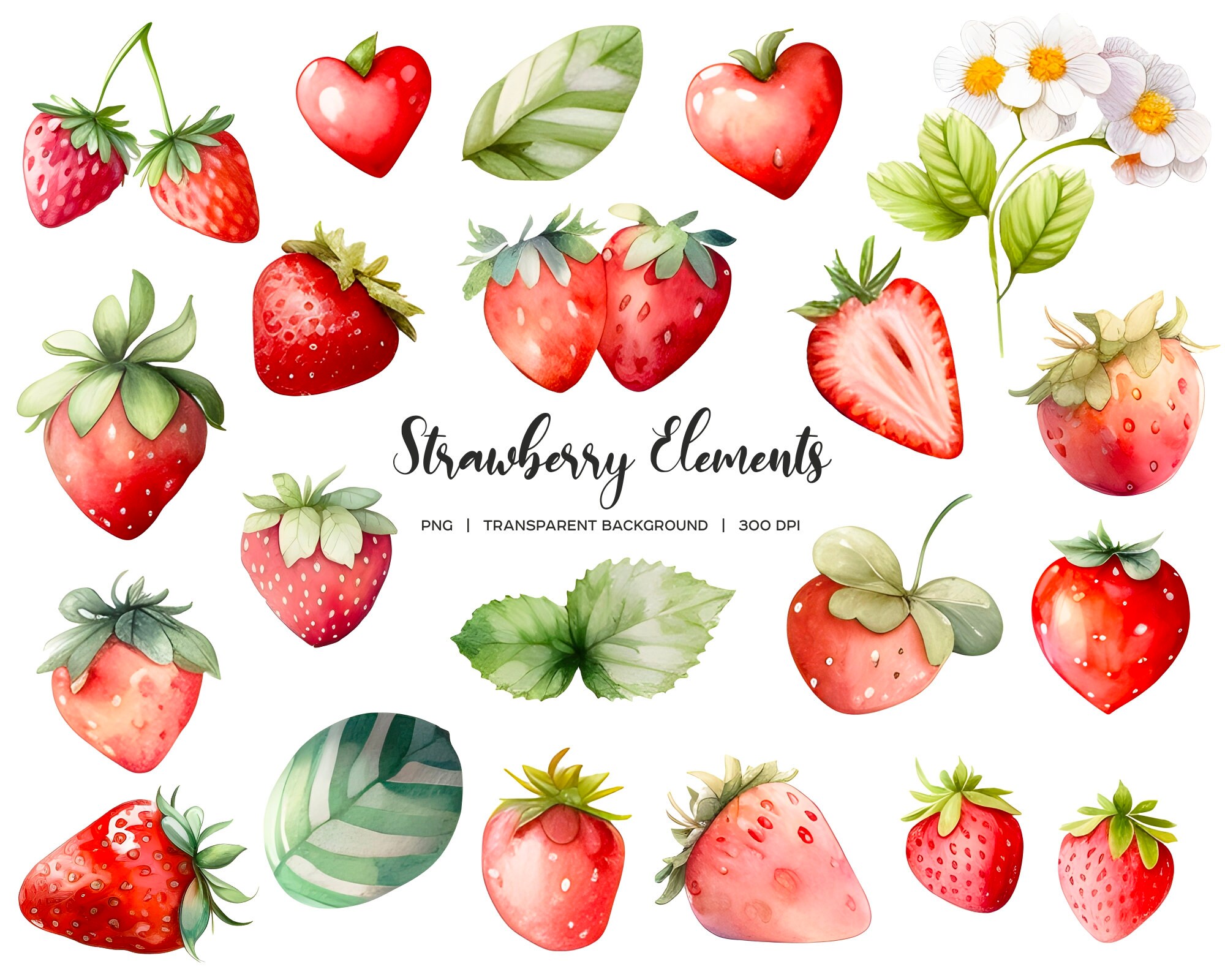 Watercolor Strawberry Clipart. Strawberries and Leaves Clip Art ...