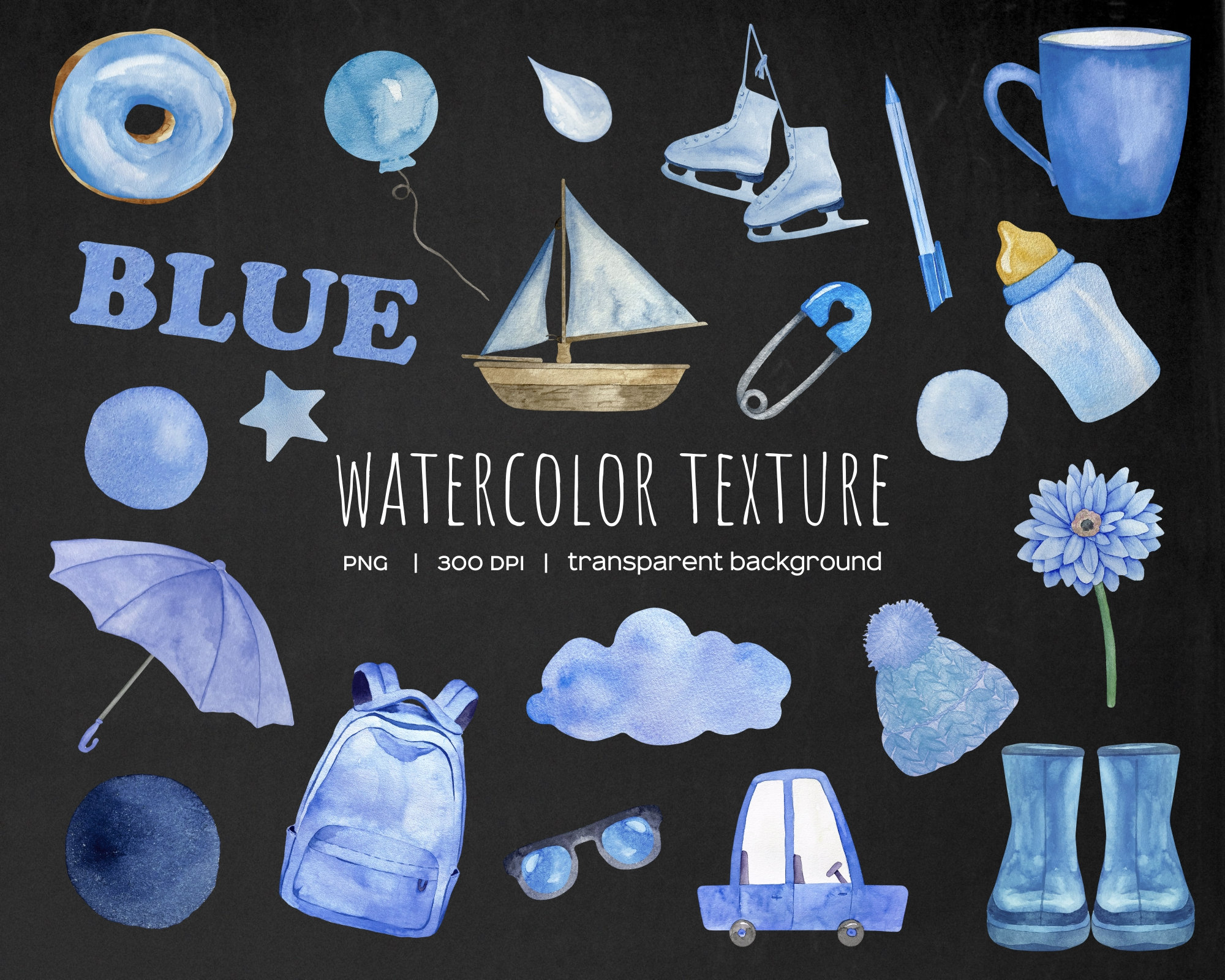 Watercolor Blue Things Clipart: Educational Learning (PNG, JPG) - Etsy