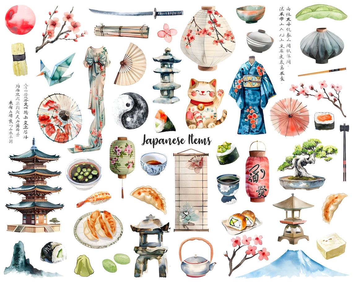 Watercolor Japan Clipart: Japanese Elements & Symbols (PNG, Digital ...