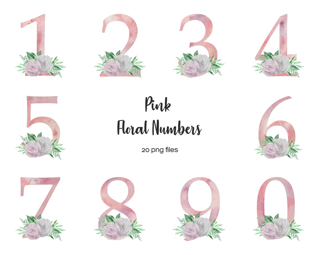 Watercolor Pink Numbers With Flowers. Nursery Floral Pink Digits. 0-9 ...