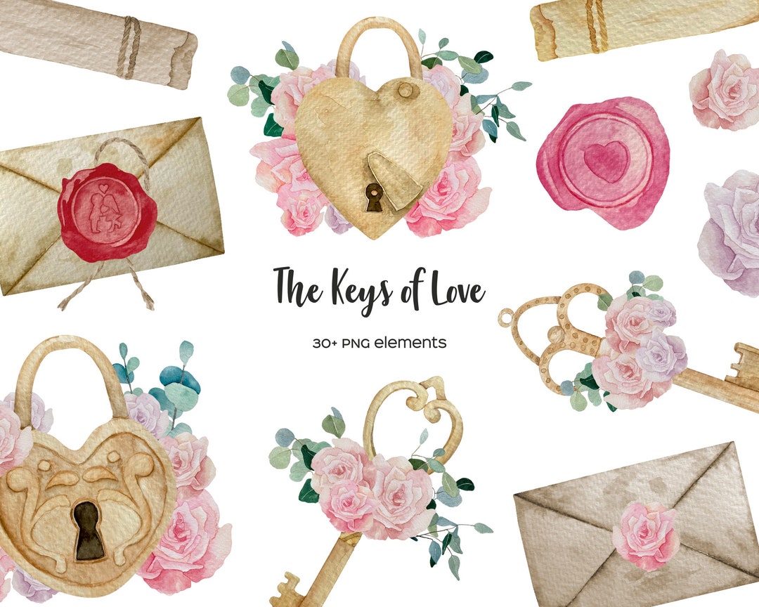 Watercolor Vintage Keys and Locks Clipart. Floral Padlock. Floral Key ...