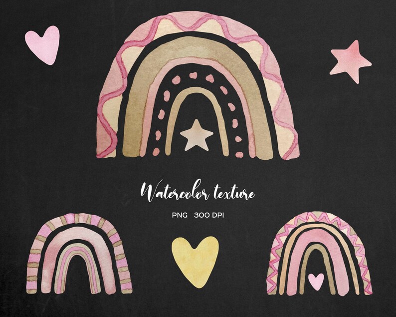Watercolor Boho Rainbow Clipart: Pink & Beige Nursery Decor (PNG) - Etsy