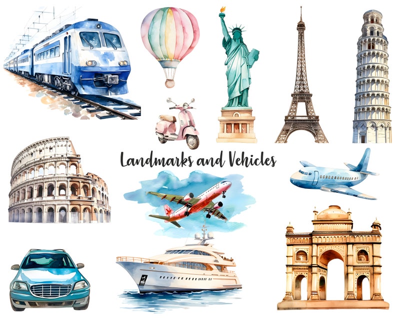 Watercolor World Landmarks Clipart: Travel Elements PNG (44 Digital ...