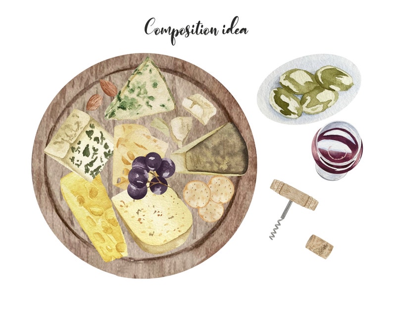 Watercolor Cheese Clipart, Wine and Cheese Illustration, Cheese Plate ...