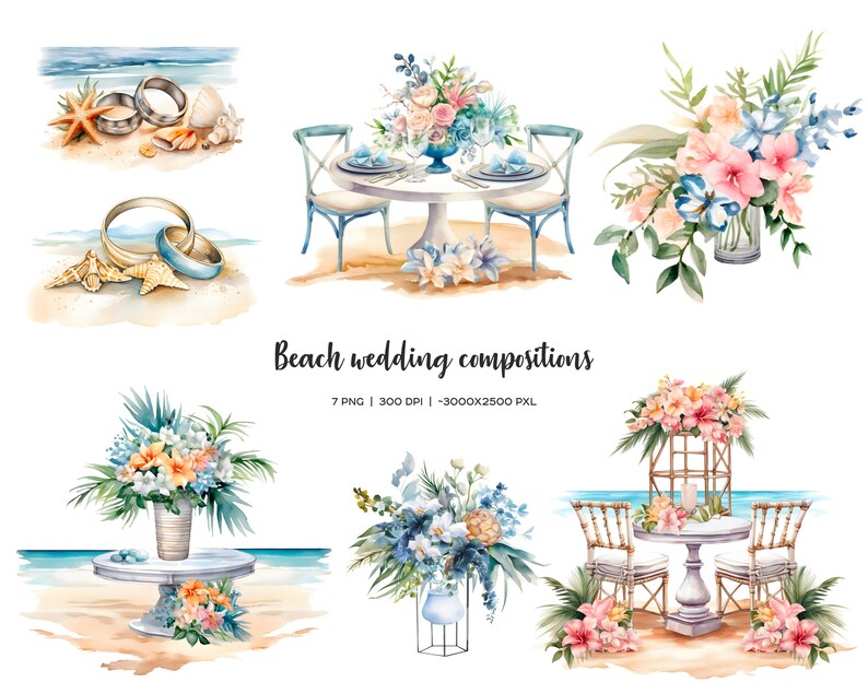 Watercolor Beach Wedding Clipart: Bride, Groom, Decor (PNG) - Etsy