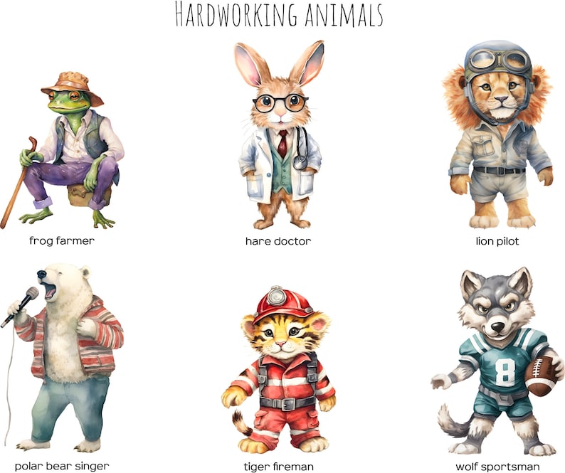 Watercolor Animal Professions Clipart: 11 PNG Nursery Art (digital ...