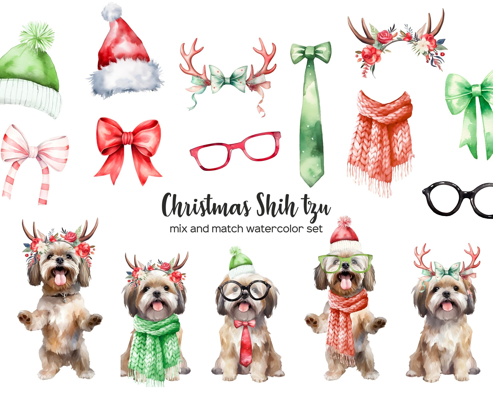 Watercolor Christmas Shih Tzu Clipart: Dogs With Santa Hats (PNG) - Etsy
