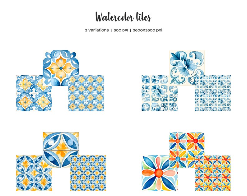Watercolor Tiles Clipart. Yellow and Blue Tiles Clip Art. Set of Spain ...