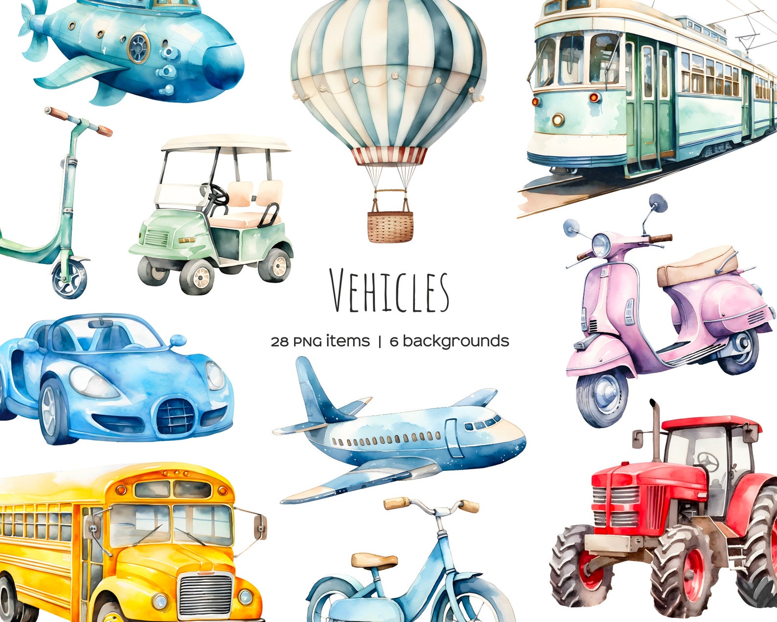Watercolor Vehicle Clipart: Transport Set With Backgrounds (digital ...