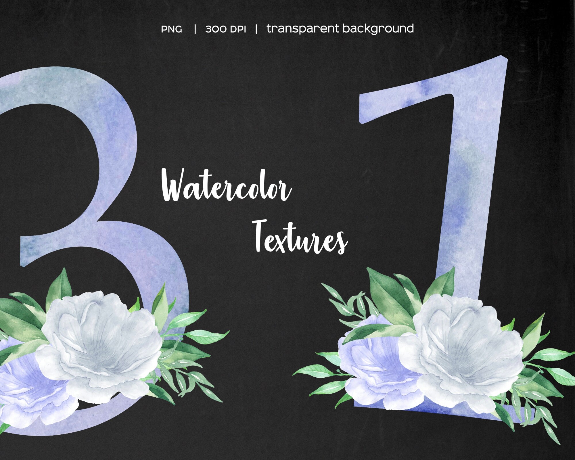 Watercolor Blue Numbers With Flowers. Nursery Floral Blue Digits. 0-9 ...