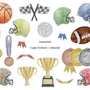 Watercolor Sport Items Clipart. Football Baseball Rugby Sport Equipment ...