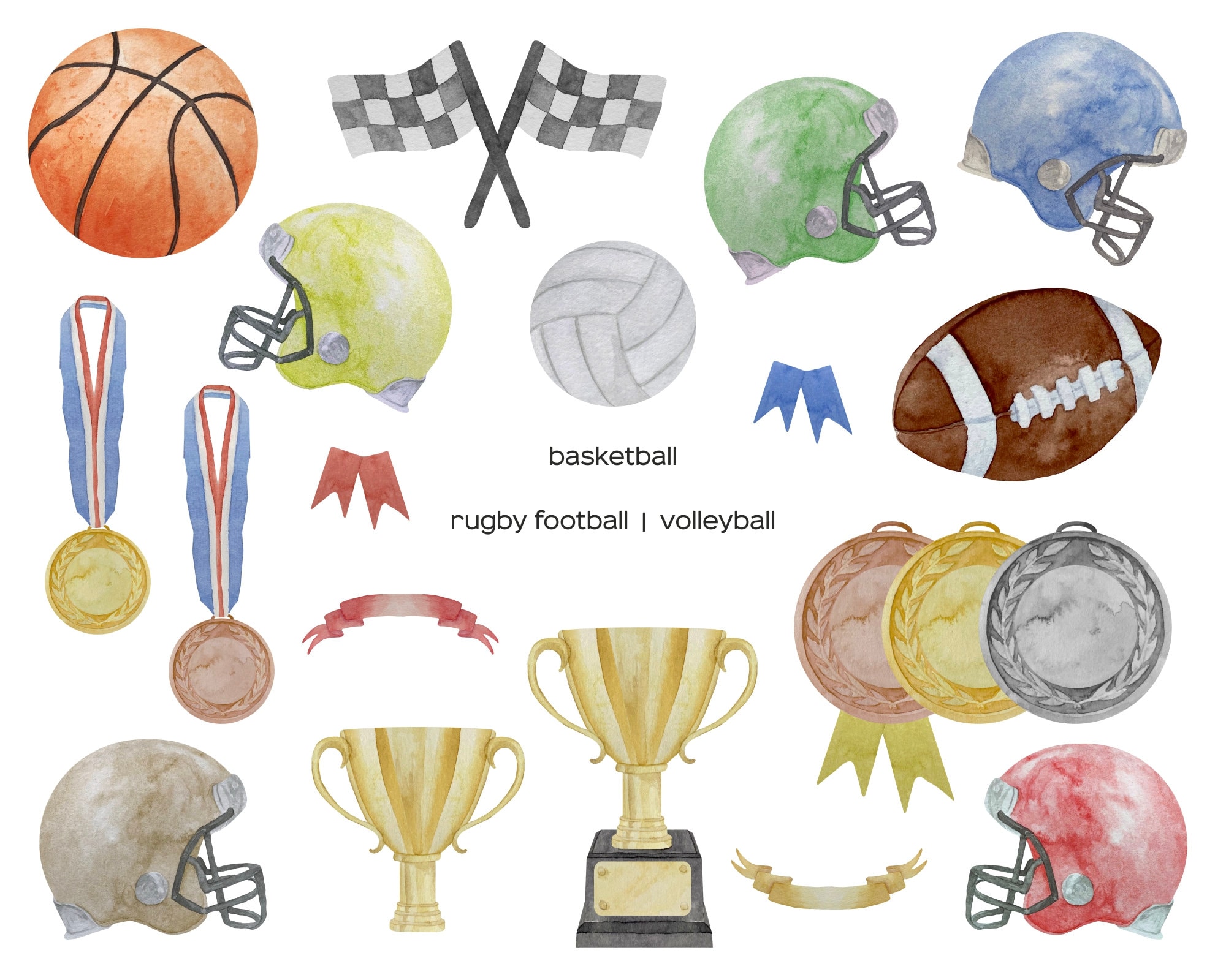 Watercolor Sport Items Clipart. Football Baseball Rugby Sport Equipment ...