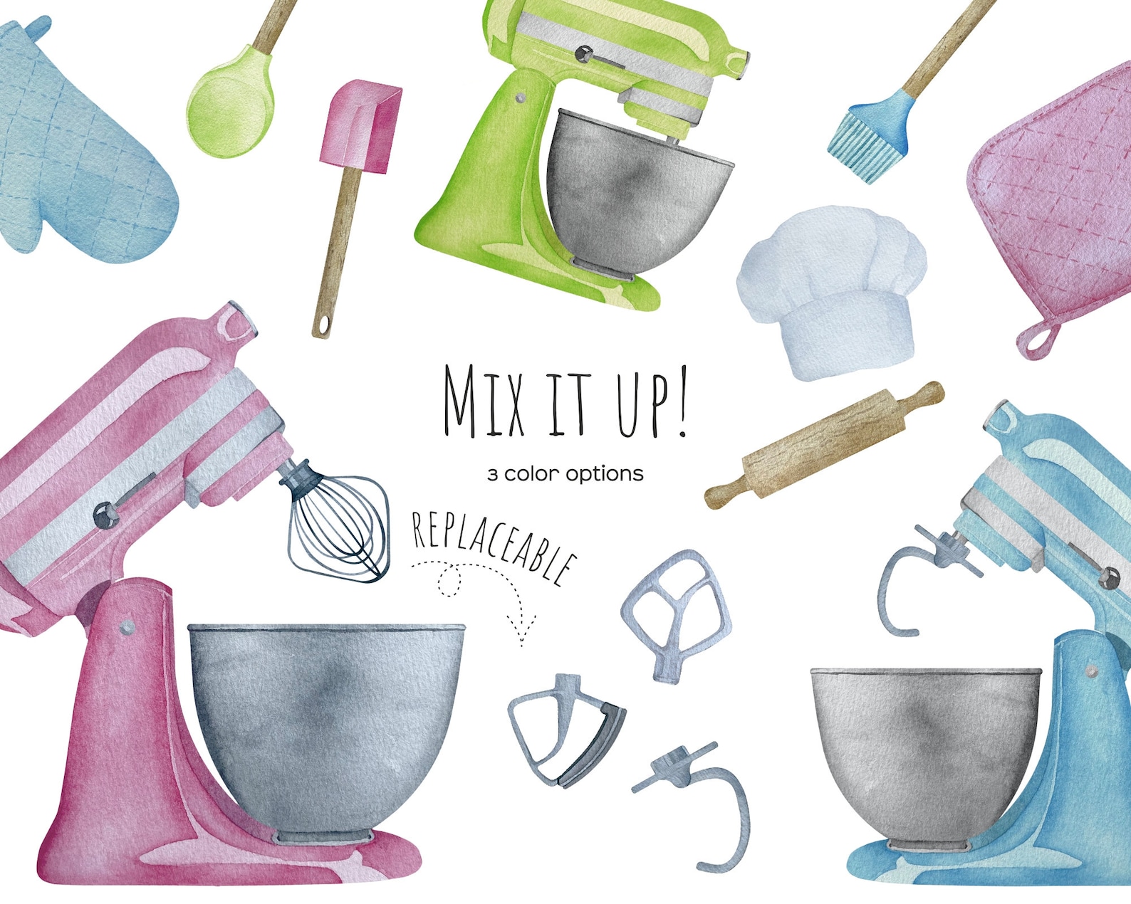 Watercolor Bakery Mixer Clipart. Baking Supplies Clip Art. Kitchen ...