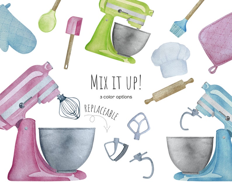 Watercolor Bakery Mixer Clipart. Baking Supplies Clip Art. Kitchen ...