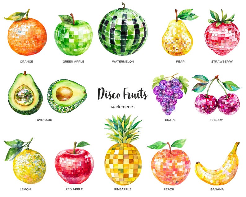 Watercolor Fruits Disco Ball Clipart 14 Fruit Party Ball Apple ...