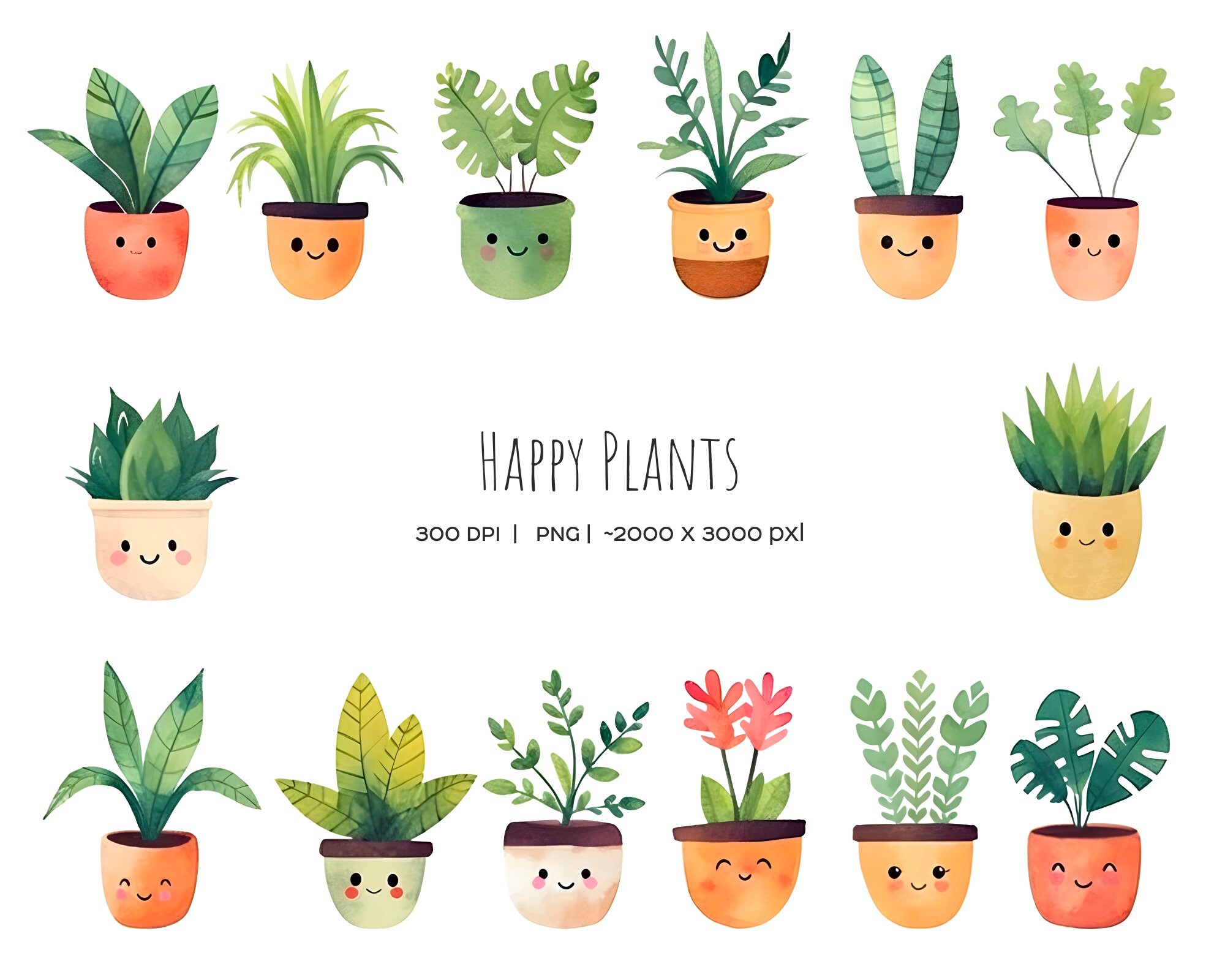 Watercolor Potted Plants Clipart: Happy Houseplants PNG (digital ...
