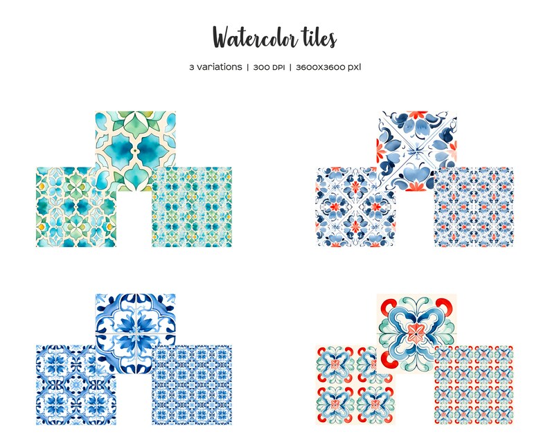 Watercolor Tiles Clipart. Yellow and Blue Tiles Clip Art. Set of Spain ...