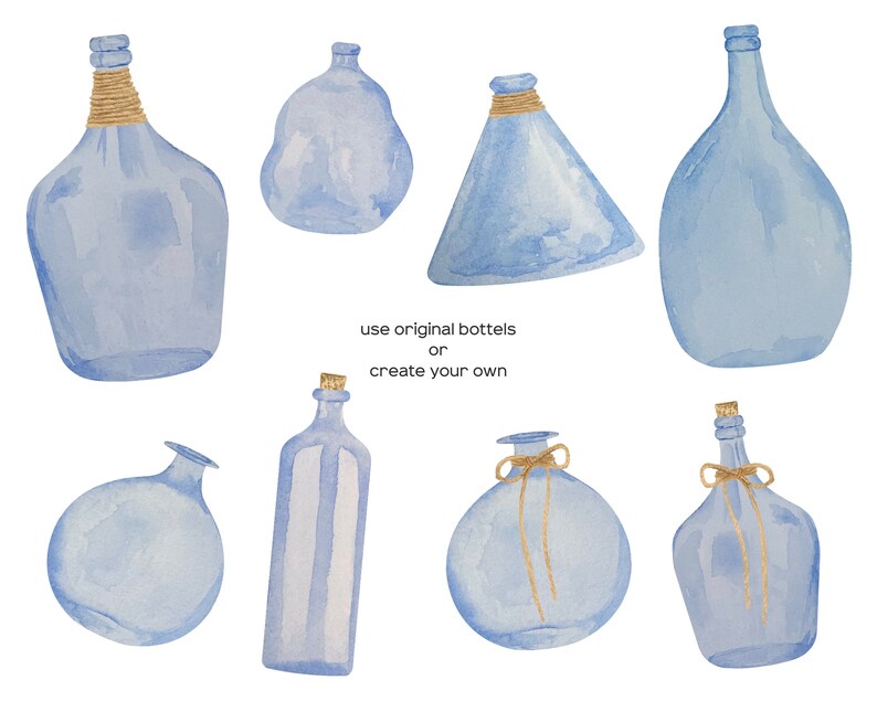 Watercolor Bottle Clipart. Blue Glass Bottles Clip Art. Empty Bottle ...