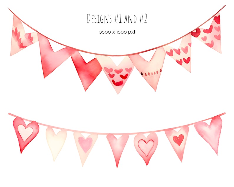 Watercolor Valentine Bunting Clipart. Valentine Red Pink Heart Bunting ...