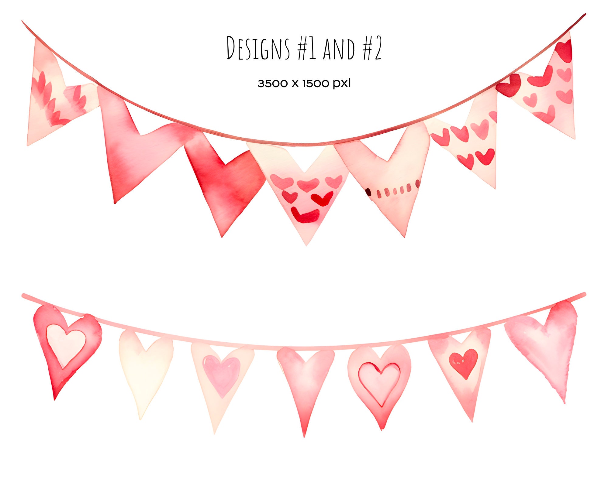 Watercolor Valentine Bunting Clipart. Valentine Red Pink Heart Bunting ...