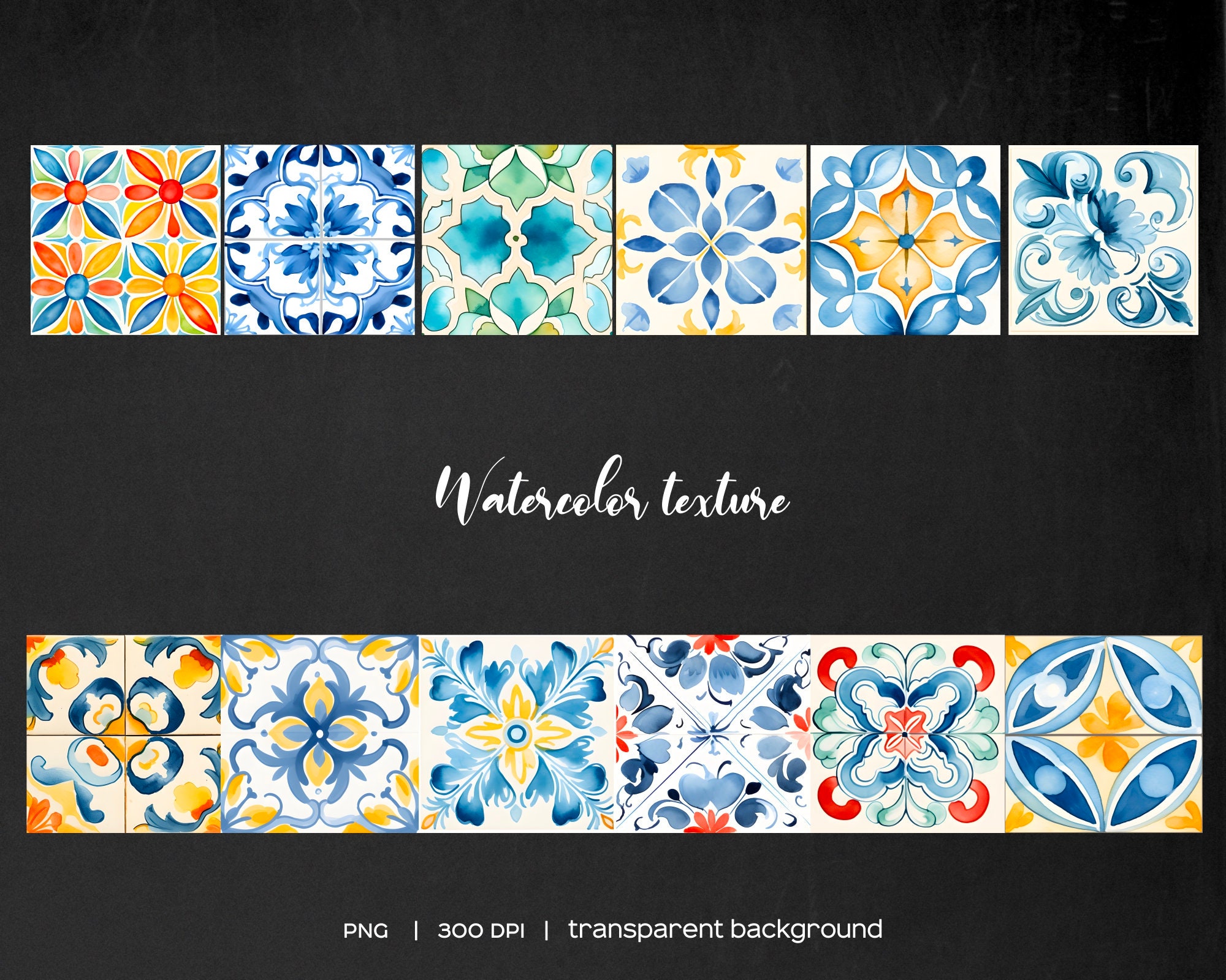 Watercolor Tiles Clipart. Yellow and Blue Tiles Clip Art. Set of Spain ...