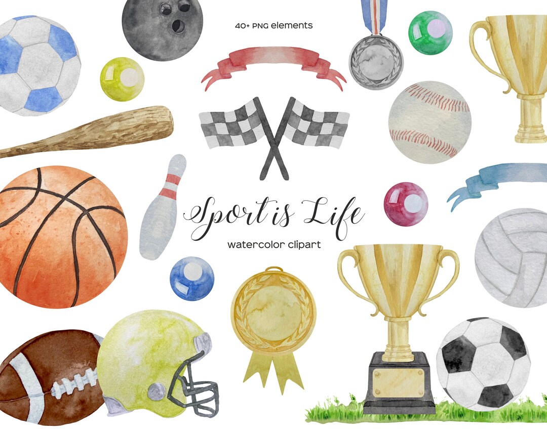 Watercolor Sport Items Clipart. Football Baseball Rugby Sport Equipment ...