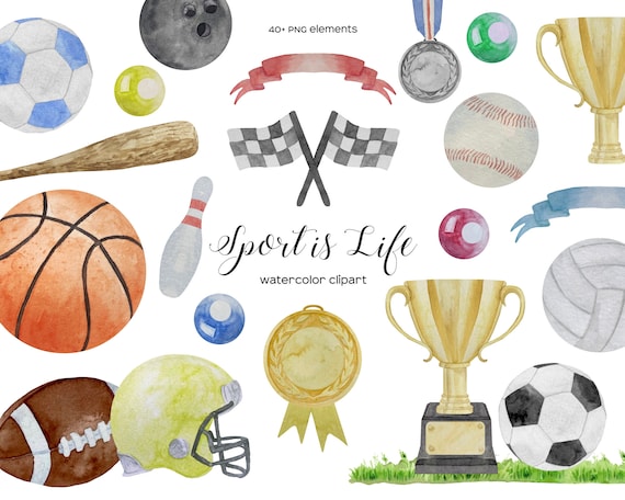 Watercolor Sport Items Clipart. Football Baseball Rugby Sport - Etsy