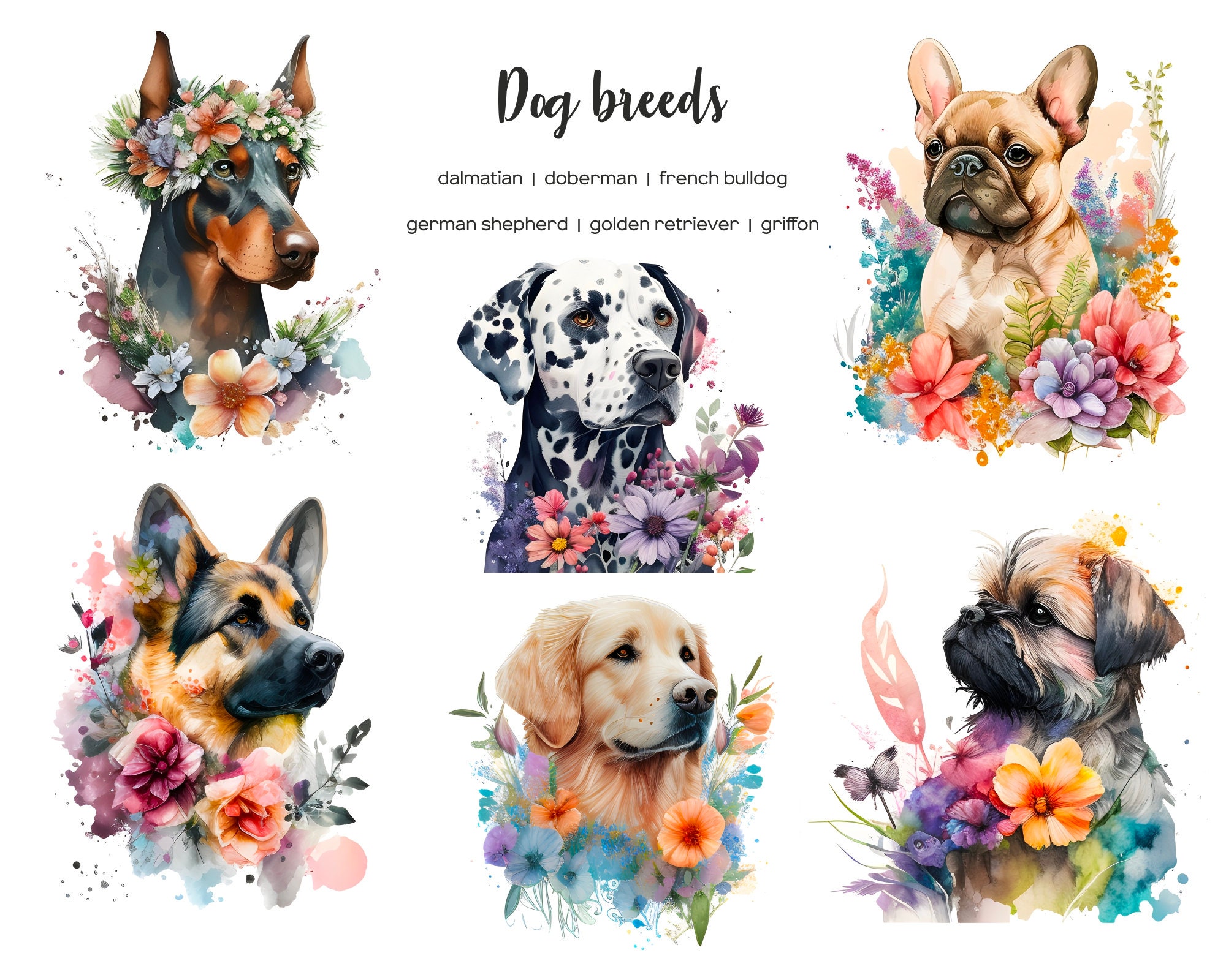 Watercolor Dog Breeds Clipart: Floral Dogs, 39 PNG (digital Download ...