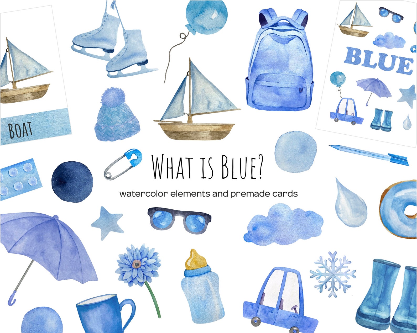 Watercolor Blue Things Clipart: Educational Learning (PNG, JPG) - Etsy