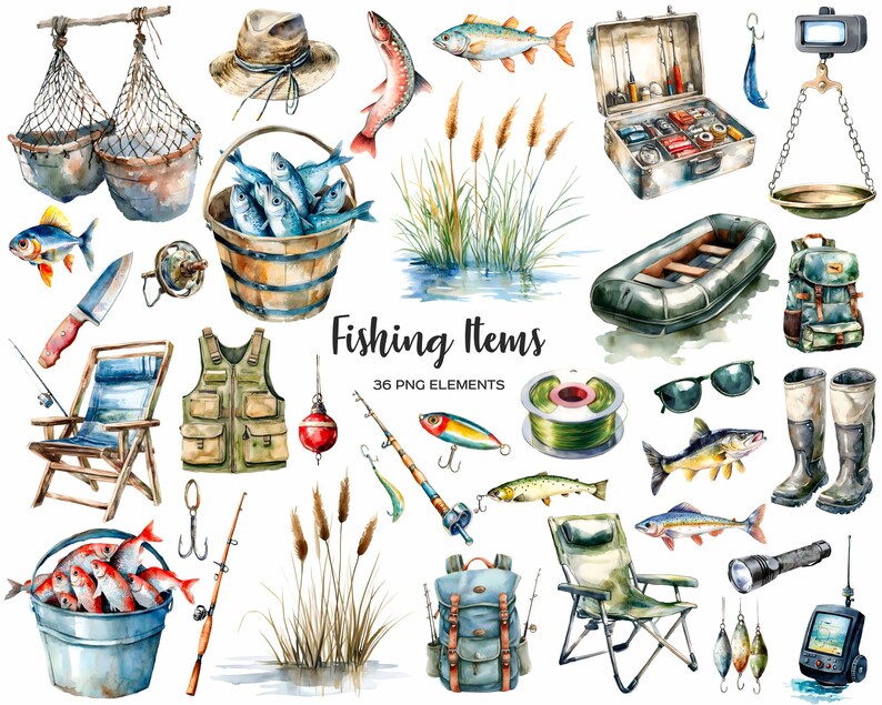 Watercolor Fishing Clipart. Fishing Equipment Set. Fishing Tools and ...