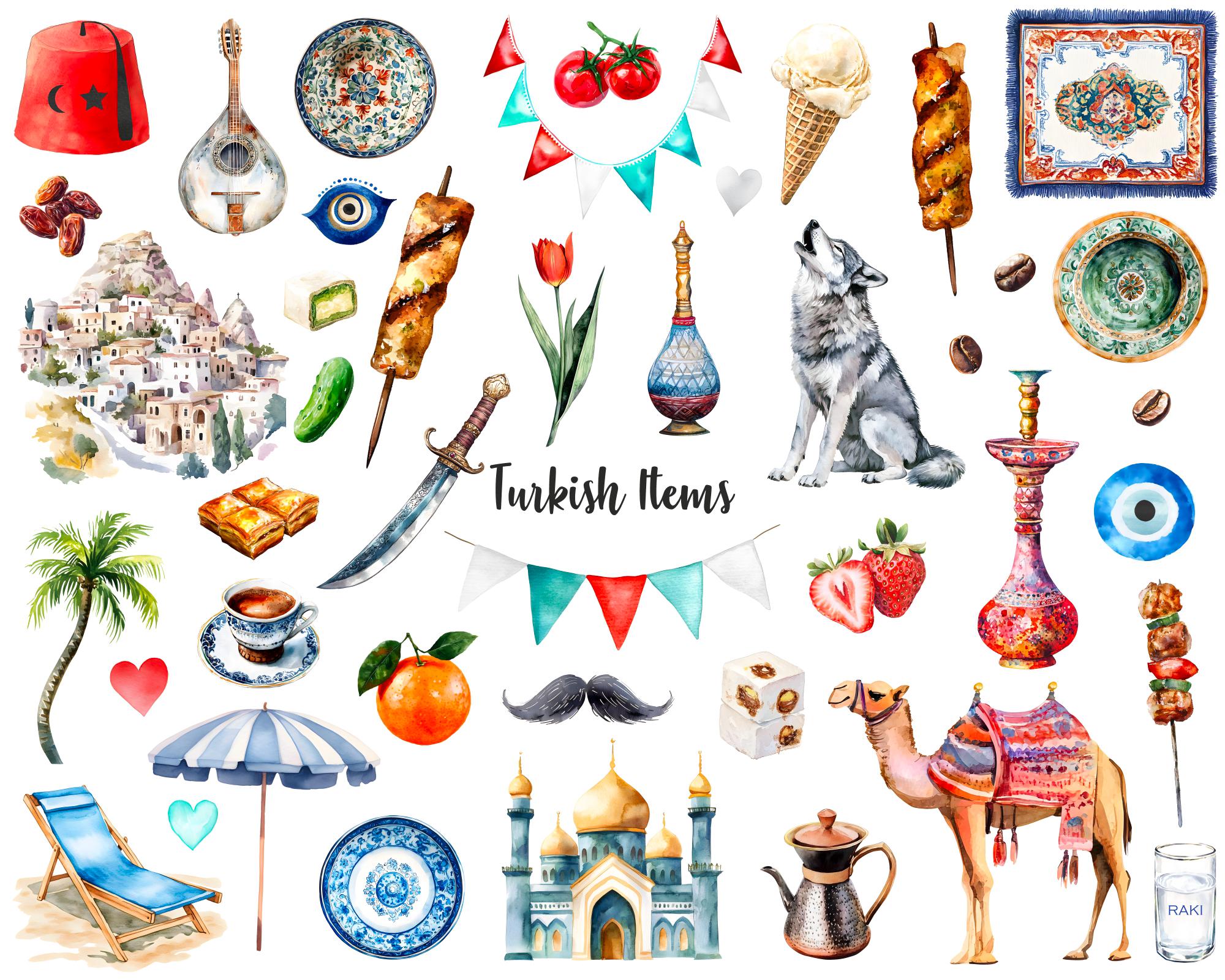 Watercolor Turkey Clipart: Turkish Symbols, Cappadocia, Pamukkale (PNG ...