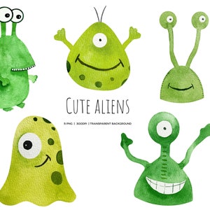 Watercolor Alients Clipart. Outer Space Clipart. Spaceship and Rocket ...
