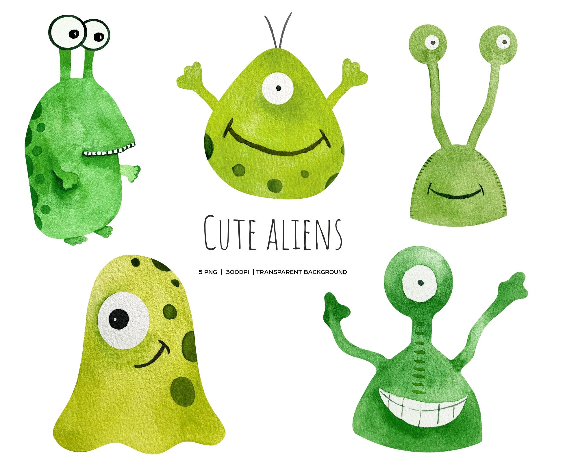 Watercolor Alients Clipart. Outer Space Clipart. Spaceship and Rocket ...