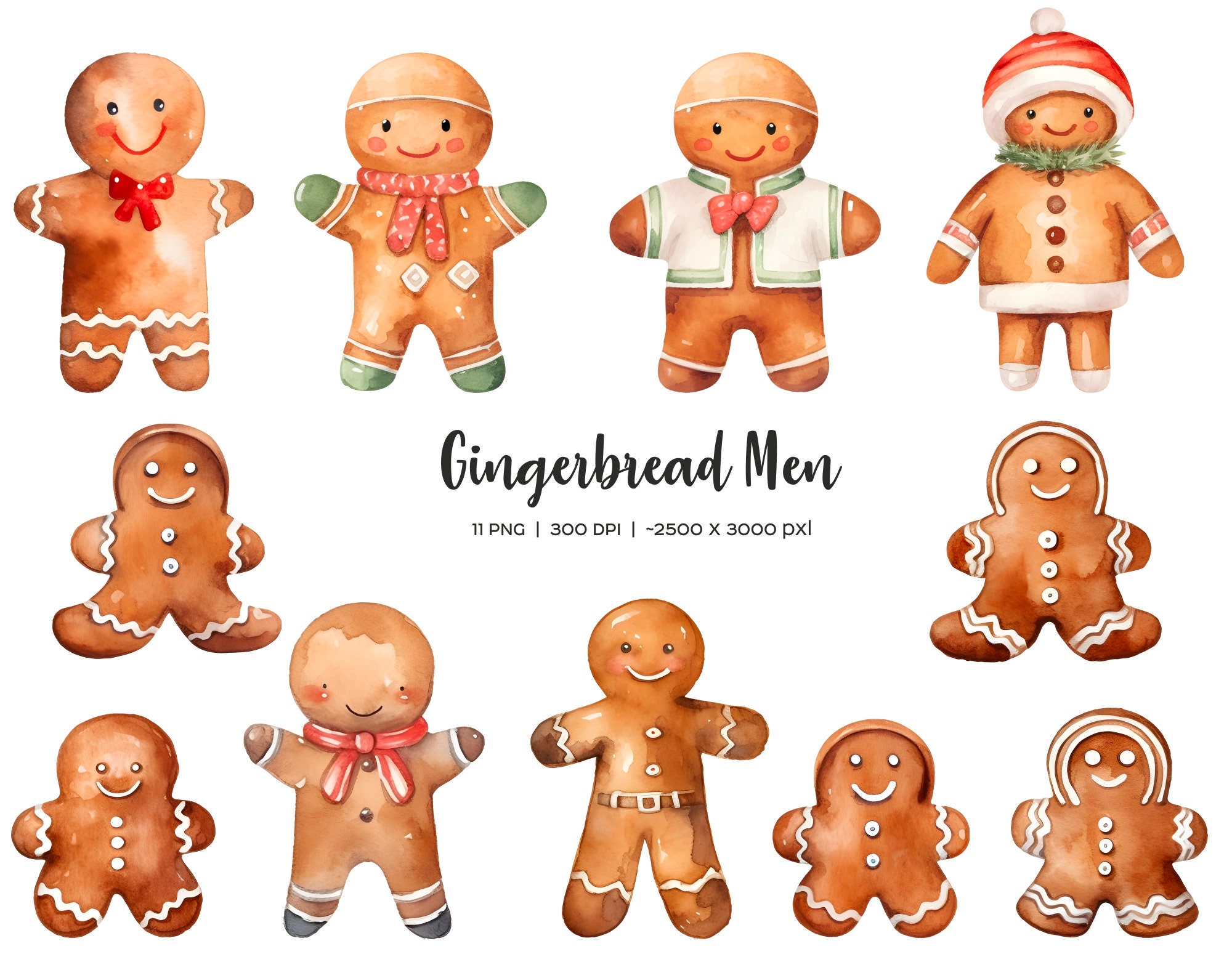 Watercolor Gingerbread Men Clipart: Christmas PNG (digital Download) - Etsy