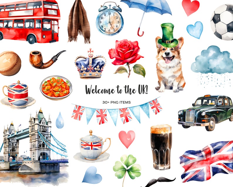 Watercolor UK Clipart: British Symbols PNG (digital Download) - Etsy