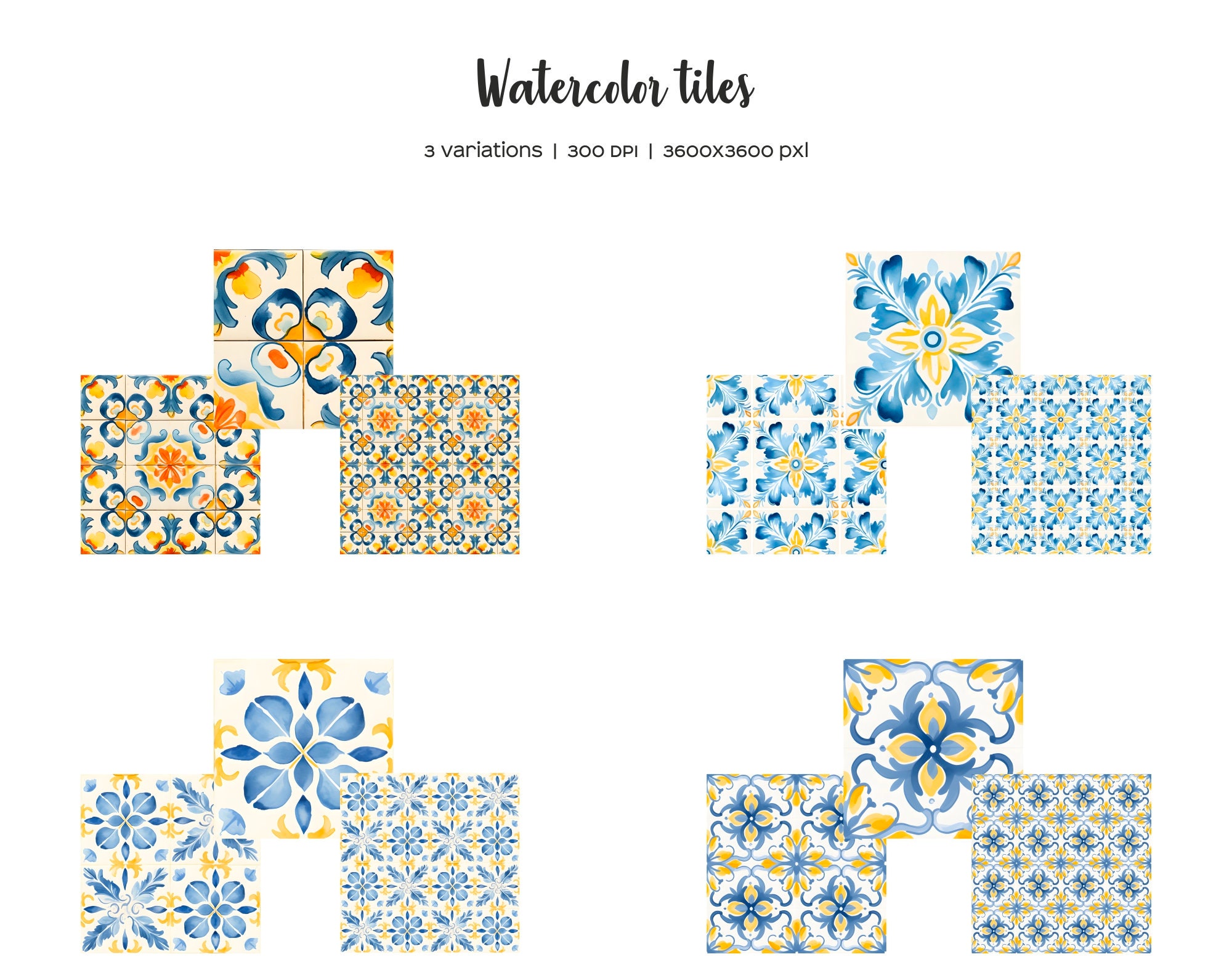 Watercolor Tiles Clipart. Yellow and Blue Tiles Clip Art. Set of Spain ...