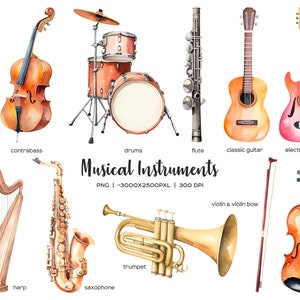 Watercolor Musical Instrument Clipart: Orchestra PNG Set (30 Items) - Etsy