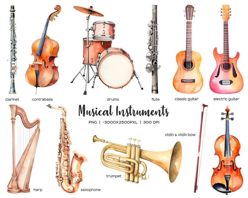 Watercolor Musical Instrument Clipart: Orchestra PNG Set (30 Items) - Etsy