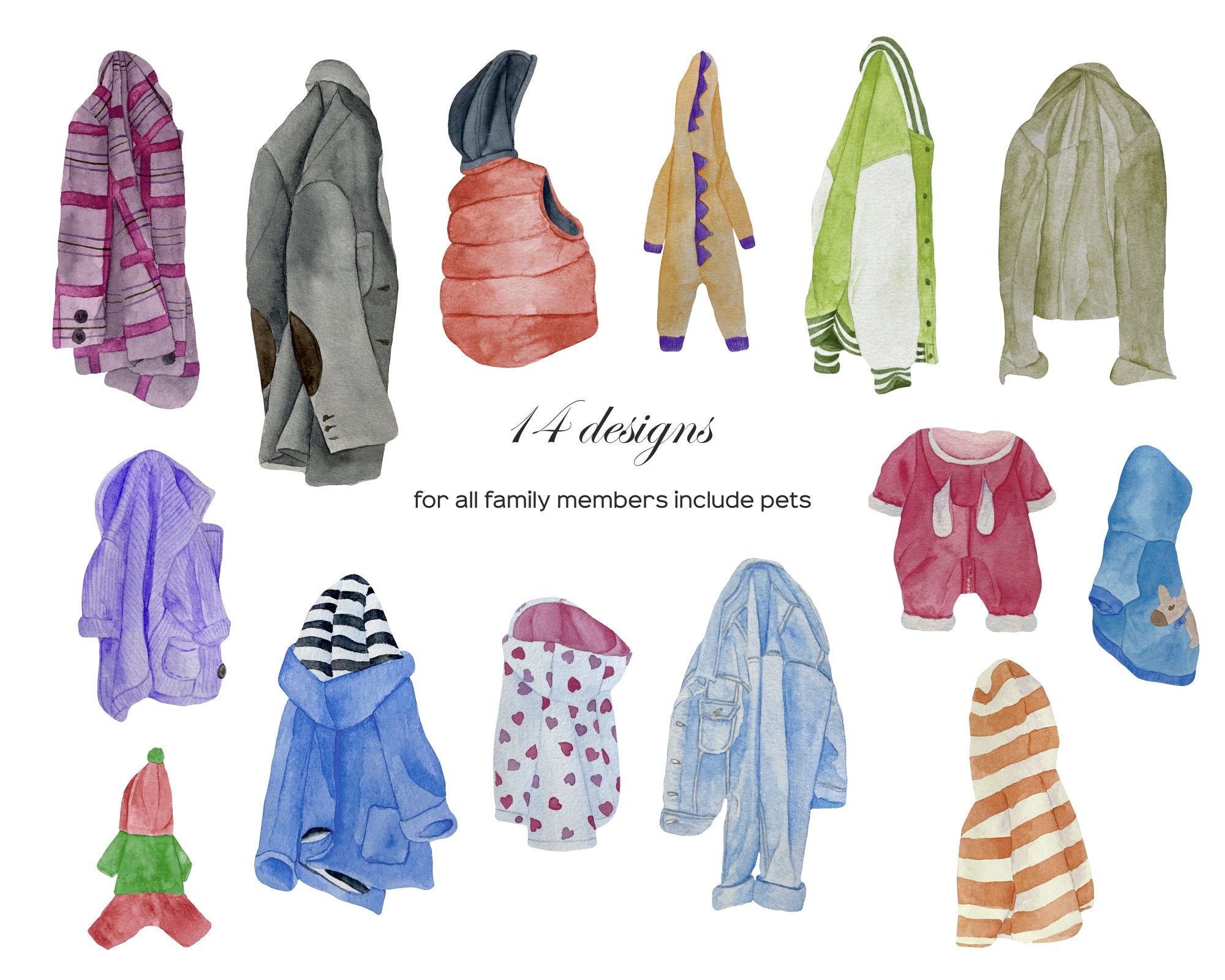 Watercolor Coats on Hooks Clipart. Personalised Family Print Creator ...