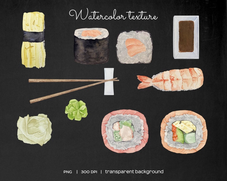 Watercolor Sushi Clipart: Japanese Food Illustrations (30 PNG) - Etsy