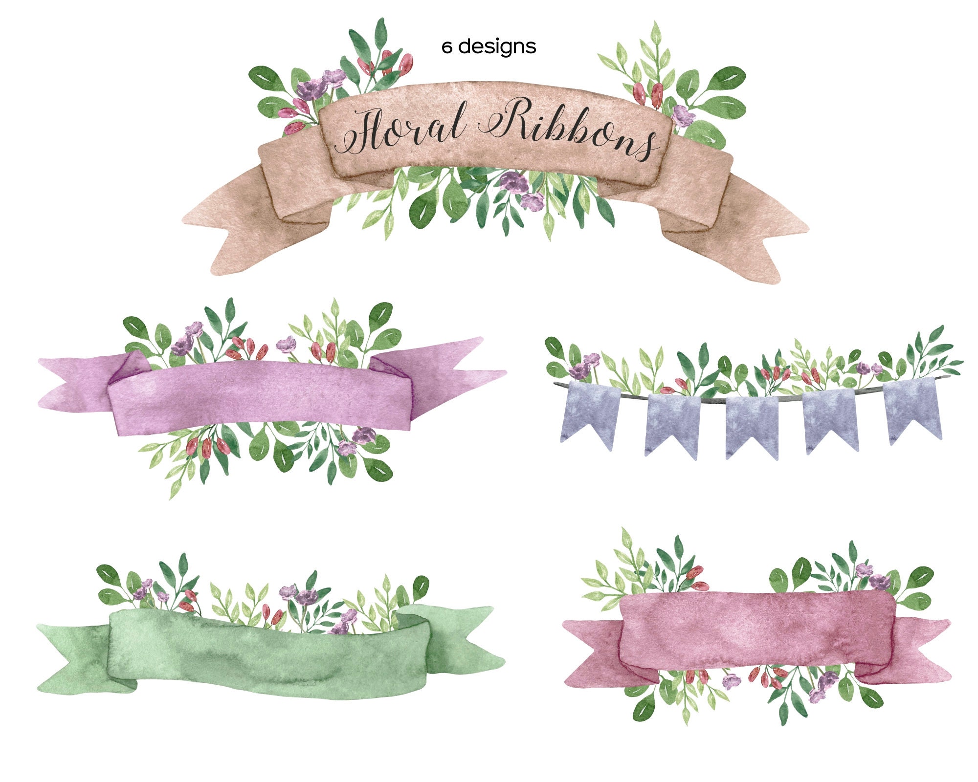Watercolor Floral Ribbons Clipart. Banners With Flowers and Greenery ...