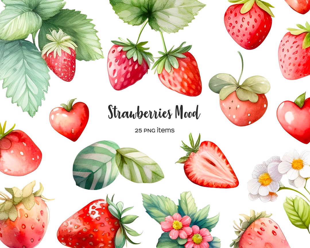 Watercolor Strawberry Clipart. Strawberries and Leaves Clip Art ...