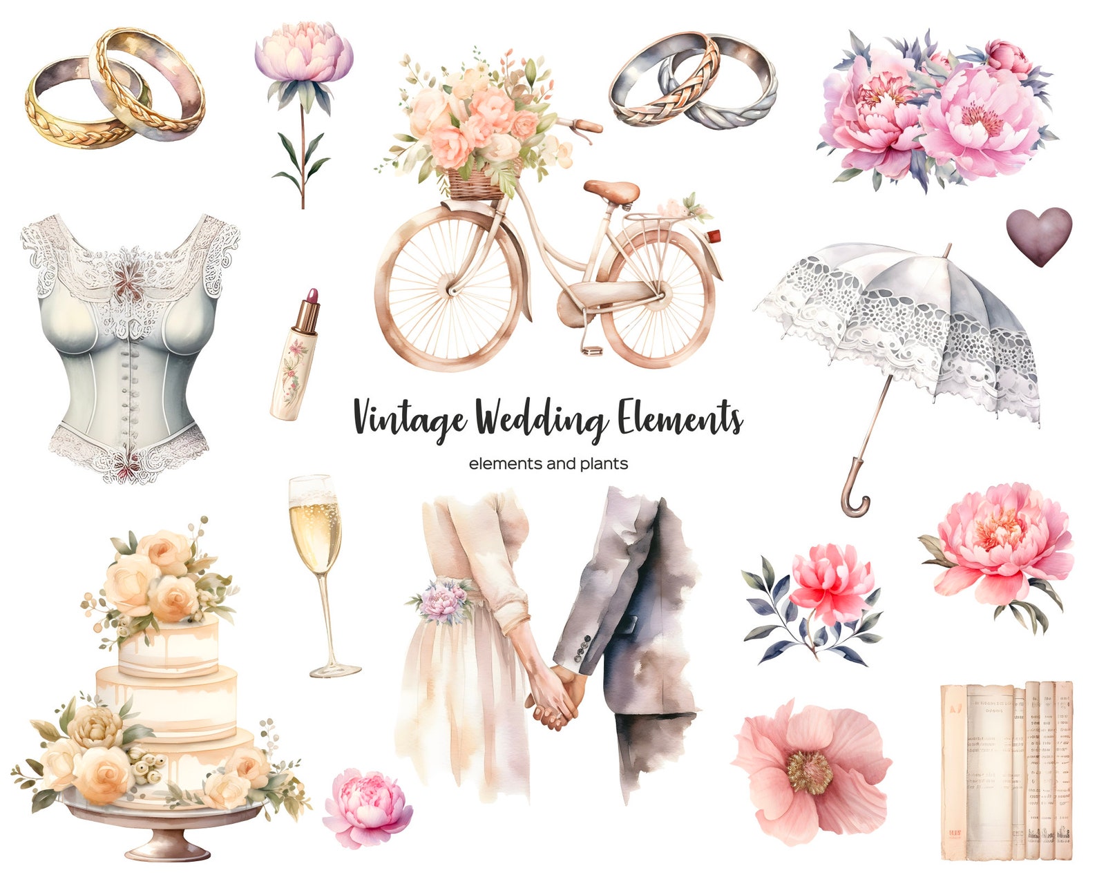 Watercolor Vintage Wedding Clipart. Retro Wedding Theme Clip Art ...