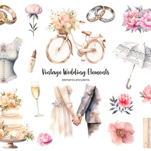 Watercolor Vintage Wedding Clipart. Retro Wedding Theme Clip Art ...