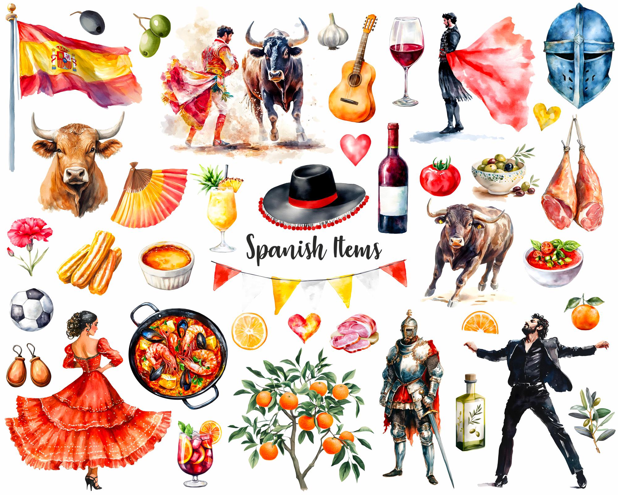 Watercolor Spain Clipart: Spanish Symbols, Barcelona, Madrid (PNG ...