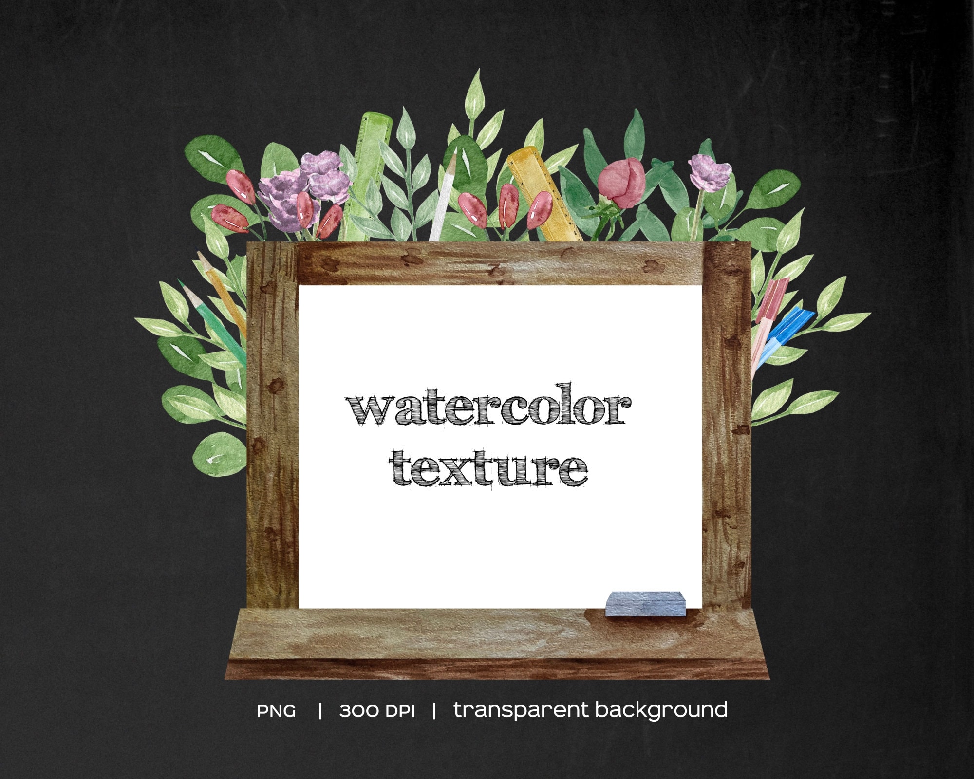 Watercolor Floral Chalkboard Clipart: School Blackboard Designs (PNG ...