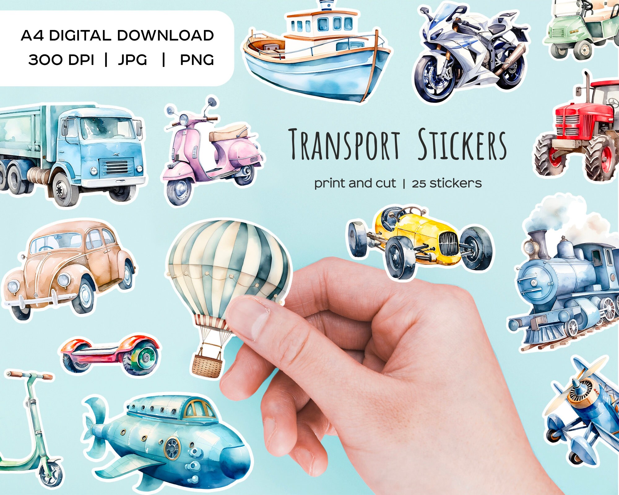 Watercolor Transport Stickers: Vehicle Print & Cut (25 Elements ...